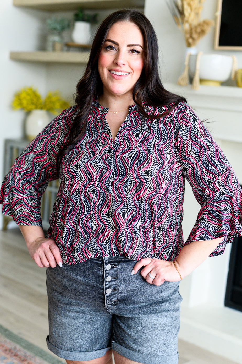 Lizzy Bell Sleeve Top in Black and Pink Rope – Southern Rays Boutique